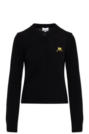 GANNI Cardigan With Embroidered Logo - Black