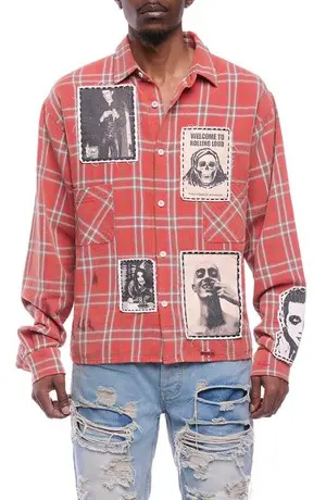 ROLLING LOUD Anarchy Plaid Cotton Flannel Button-up Shirt Jacket