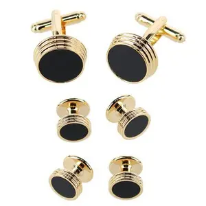Trafalgar Xaviar Ring Detailed Circular Cufflink Stud Set - Gold With Onyx