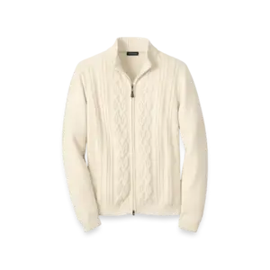 PAUL FREDRICK Cotton Cable Full Zip Mock Neck Sweater - Ivory