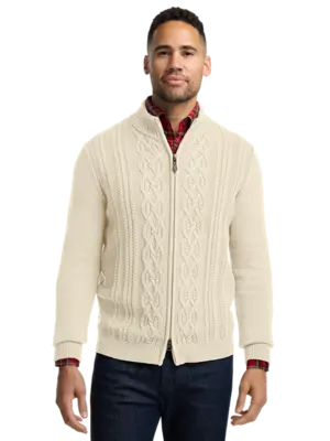 PAUL FREDRICK Cotton Cable Full Zip Mock Neck Sweater - Ivory