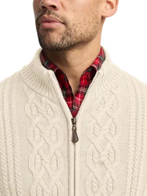 PAUL FREDRICK Cotton Cable Full Zip Mock Neck Sweater - Ivory