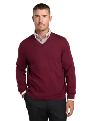 PAUL FREDRICK Washable Merino Wool V-neck Sweater - Burgundy
