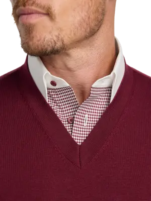 PAUL FREDRICK Washable Merino Wool V-neck Sweater - Burgundy