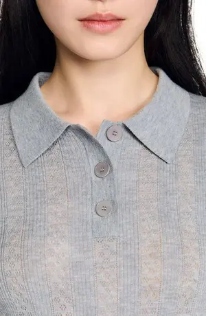 Sandro Pointelle Polo-neck Wool Sweater - Grey