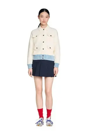 Sandro Bouclé Cardigan With Denim Details - Ecru
