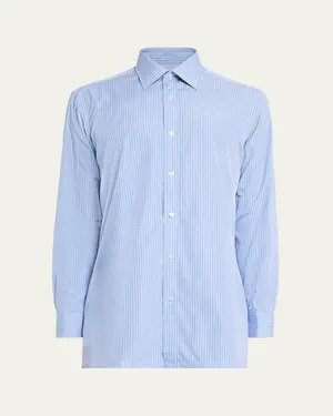 Charvet Cotton Point Collar Micro-plaid Sport Shirt - Blue