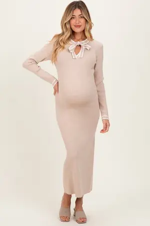 PINKBLUSH Tie Neck Sweater Midi Dress - Cream