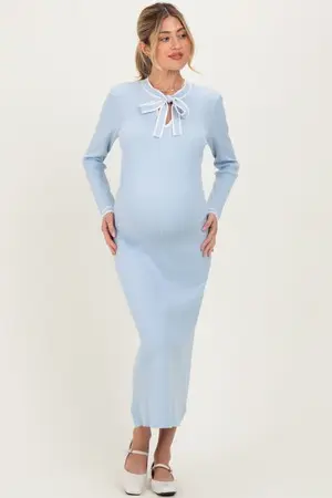 PINKBLUSH Tie Neck Sweater Midi Dress - Light Blue
