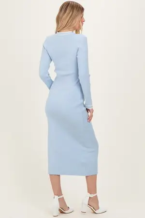 PINKBLUSH Tie Neck Sweater Midi Dress - Light Blue