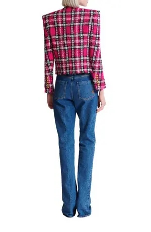 Balmain Glitter Plaid Tweed Cropped Jacket