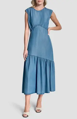 Dkny Shirred Chambray Midi Dress
