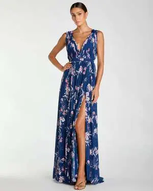 Mac Duggal Sleeveless Pleated Floral Print Chiffon V-neck Gown - Blue
