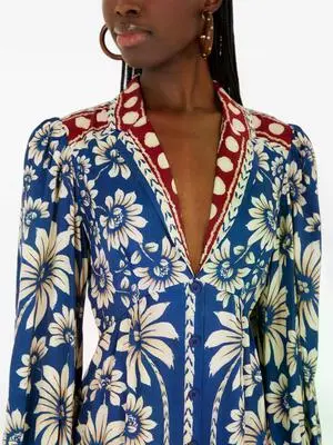 Farm Rio Floral Print Button Dress - Blue