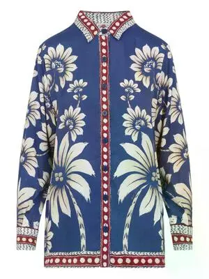 Farm Rio Floral Palm Button-down Top - Blue