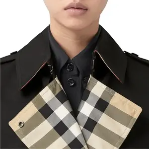 Burberry Long Check Lapel Gabardine Trench Coat - Black