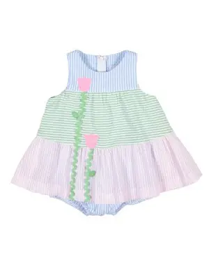 FLORENCE EISEMAN Striped Seersucker Romper With Appliqué Tulips