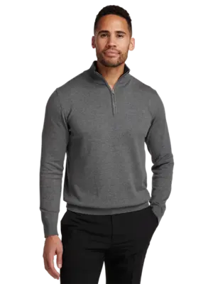 PAUL FREDRICK Quarter Zip Mock Neck Supima Cotton Sweater - Medium Grey