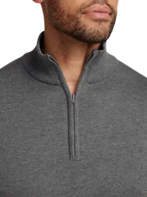 PAUL FREDRICK Quarter Zip Mock Neck Supima Cotton Sweater - Medium Grey