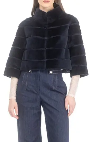Gorski Genuine Shearling Cropped Bolero With Cropped Sleeves - Navy