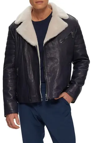 Gorski Nappa Moto Jacket With Genuine Shearling - Navy/beige