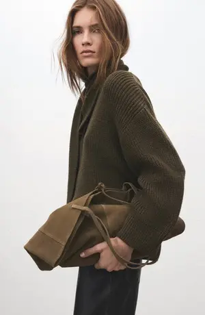Mango Suede Shopper Bag - Khaki Green