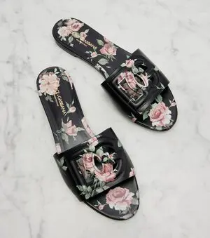 Dolce & Gabbana Floral Leather Slides - Black