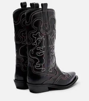 GANNI Mid Shaft Embroidered Cowboy Boots - Black