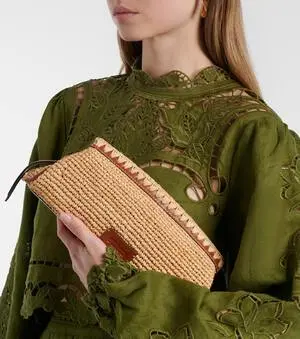 Staud Leather-trimmed Raffia Clutch