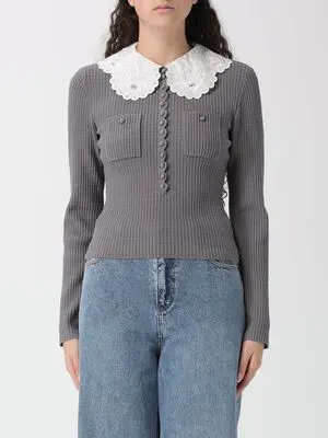 SELF-PORTRAIT Ribbed Knit Sweater With Lace Collar - Grey