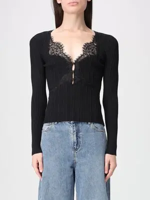 SELF-PORTRAIT Lace Trimmed Ribbed Knit Top - Black