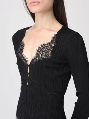 SELF-PORTRAIT Lace Trimmed Ribbed Knit Top - Black
