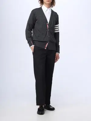 Thom Browne V-neck Wool Cardigan With Signature Stripes - Grey