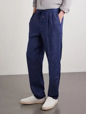 Brunello Cucinelli Tapered Pleated Linen-twill Drawstring Trousers - Blue