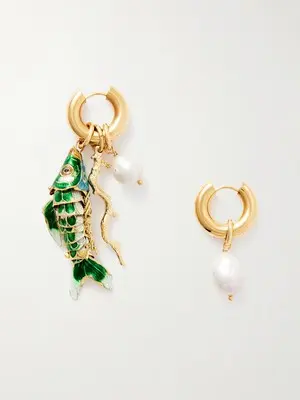 MARTHA CALVO Barrier Gold-plated, Enamel And Pearl Hoop Earrings - Green