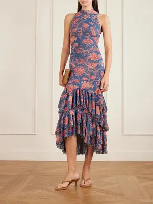 Etro Ruffled Paisley-print Tulle Midi Dress - Blue