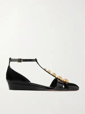 Chloé Cleia Studded Patent-leather Wedge Sandals - Black