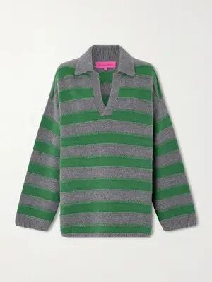 THE ELDER STATESMAN Dume Striped Cashmere Polo Sweater - Green