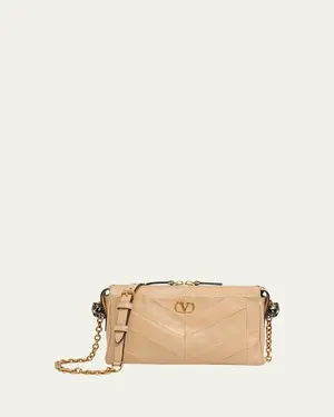 Valentino Garavani Small Chevron Patchwork Leather Shoulder Bag - Beige