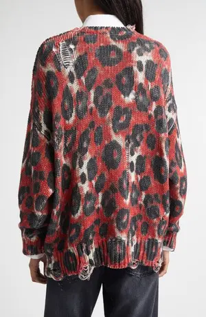 R13 Leopard Print Distressed Sweater - Red/black Leopard