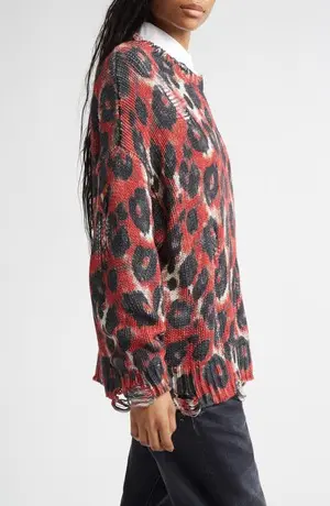 R13 Leopard Print Distressed Sweater - Red/black Leopard