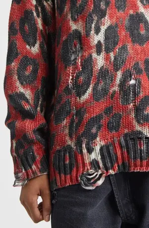 R13 Leopard Print Distressed Sweater - Red/black Leopard