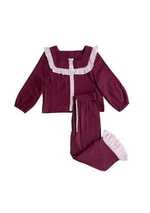 TBCO Cotton Cropped Leg Ruffle Pajamas - Burgundy Ruffle