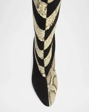 Valentino Garavani 100mm Snake-printed Leather And Suede Knee-high Boots - Nero/crema