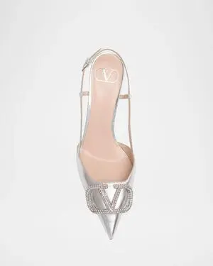 Valentino Garavani 80mm Vlogo Signature Strass Metallic Leather Slingback Pumps - Silver
