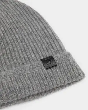 TOM FORD Men's Ribbed Cashmere TF-Tab Beanie Hat Light Grey