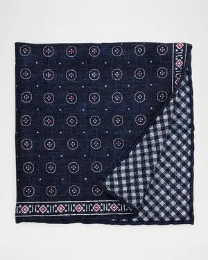 Brunello Cucinelli Double-face Geometric-check Silk Pocket Square - Navy