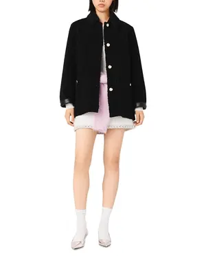 Maje Reversible Faux Leather Fleece Jacket - Navy