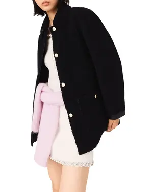 Maje Reversible Faux Leather Fleece Jacket - Navy
