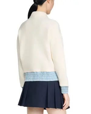 Sandro Madeen Boucle Denim Trim Cardigan - Ecru